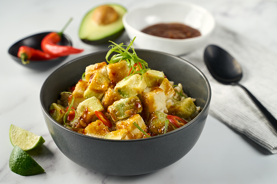Crispy Avocado Mapo Tofu Bowl - Food with Purpose UHG