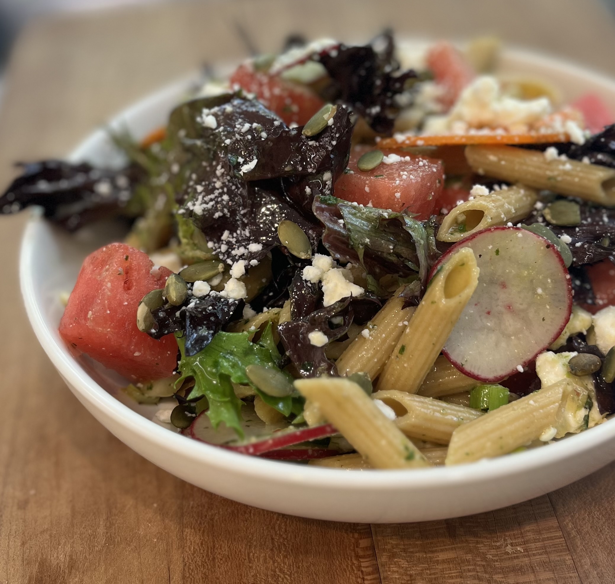 Watermelon Feta Pasta Salad with Pumpkin Seeds - Food with Purpose UHG